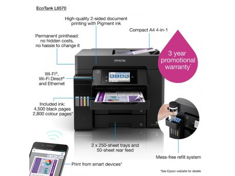 EPSON EcoTank L6570 Wi-Fi Duplex Multifunction ADF InkTank ...